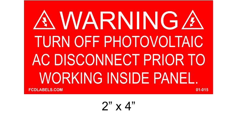 2" x 4" | Turn Off Photovoltaic AC Disconnect | Solar Warning Placards ...