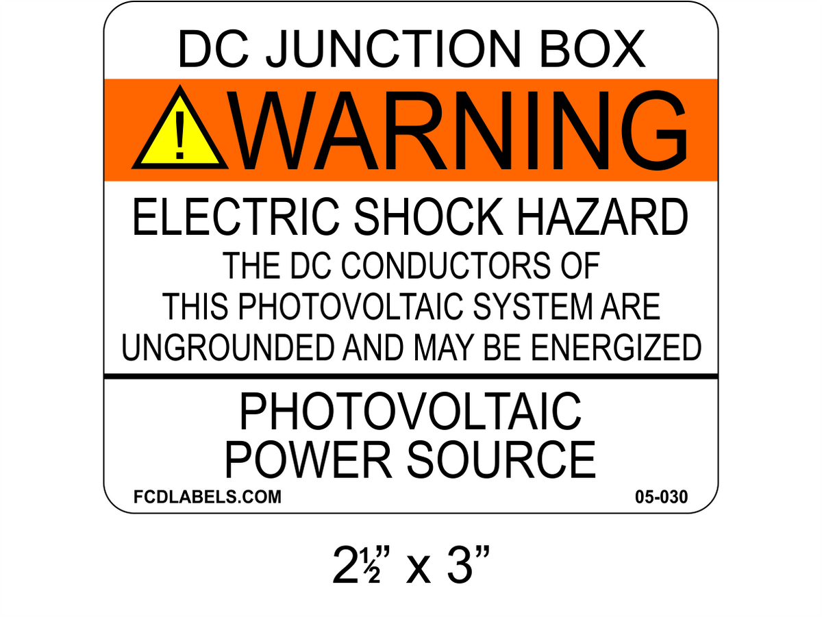 DC JUNCTION BOX. ELECTRIC SHOCK HAZARD - ANSI LABEL – FCDLabels